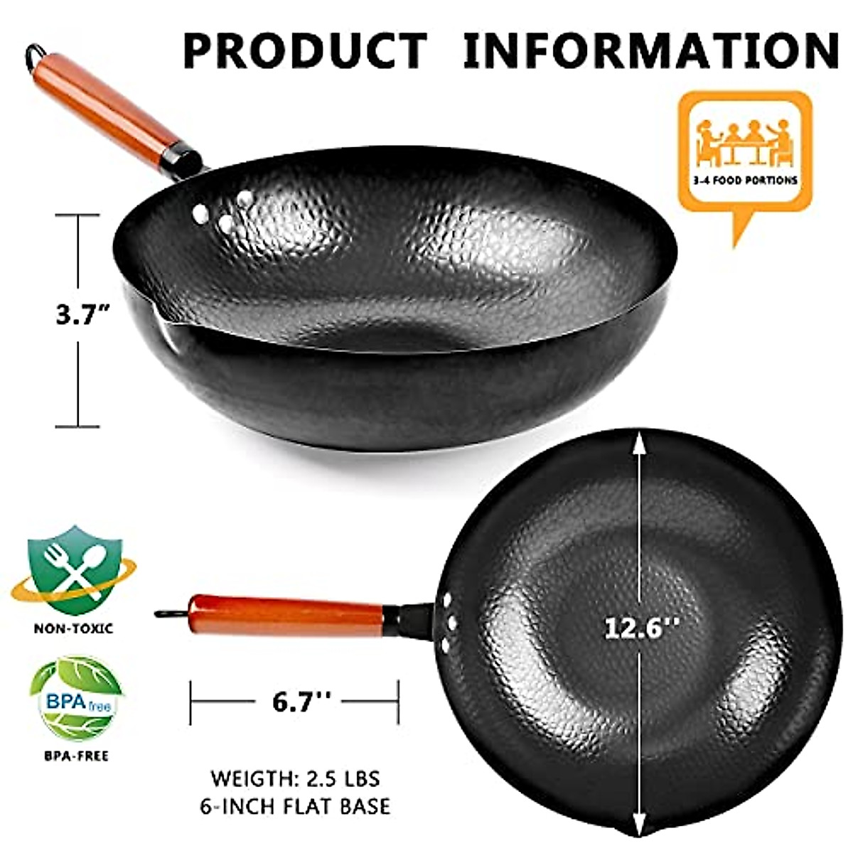 kaqinu Carbon Steel Wok Pan, 14 Piece Woks & Stir-Fry Pans Set with Wooden Lid & Cookwares, No Chemical Coated Flat Bottom Chinese Woks Pan for Induction, Electric, Gas, Halogen All Stoves - 12.6''