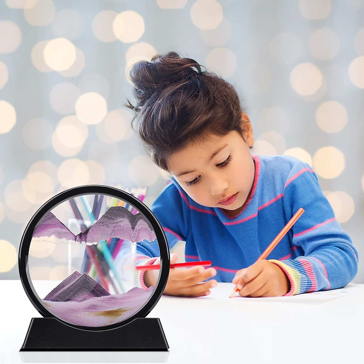 QLKUNLA Moving Sand Art Picture Liquid Motion 3D Deep Sea Sandscape in Motion Display Flowing Sand Frame Relaxing Desktop Home Office Work Decor Art Toys (7 inch, Purple)