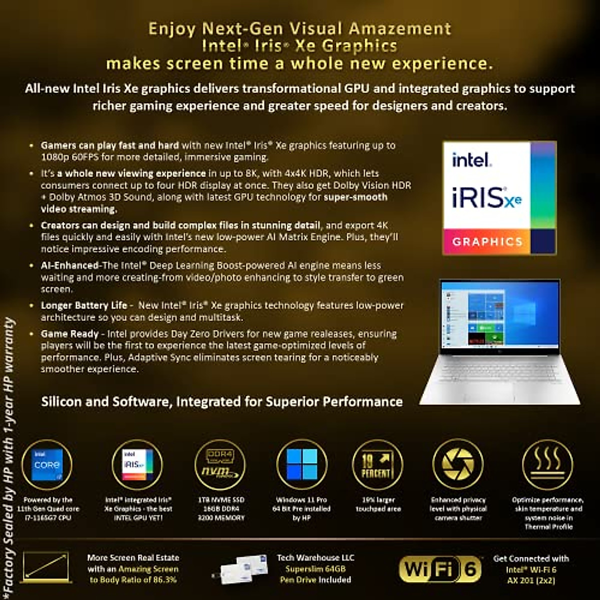 HP Envy 17T 2021,i7-1165G7 11th Gen Quad Core,16GB RAM,1 TB NVMe SSD, 17.3" FHD 1080p Touch,Thunderbolt 4,Win 11 PRO,WiFi 6,B&O Speakers,USB-A,Intel Xe Graphics,4 Cell, 64GB Tech Warehouse Flash Drive