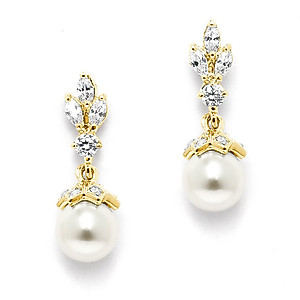 Mariell Pearl Drop Gold Wedding Earrings, 8MM Ivory Shell Pearls, Cubic Zirconia Crystal and Pearl Earrings for Brides, Bridesmaid, Prom and Mother of the Bride