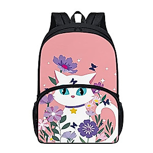 Kawaii White Cat Print Backpack Cute Floral Backpack Pink School Backpack Elementary or Middle School Lightweight Large Capacity Backpack Adjustable Shoulder Strap Bookbags for Girls Boys