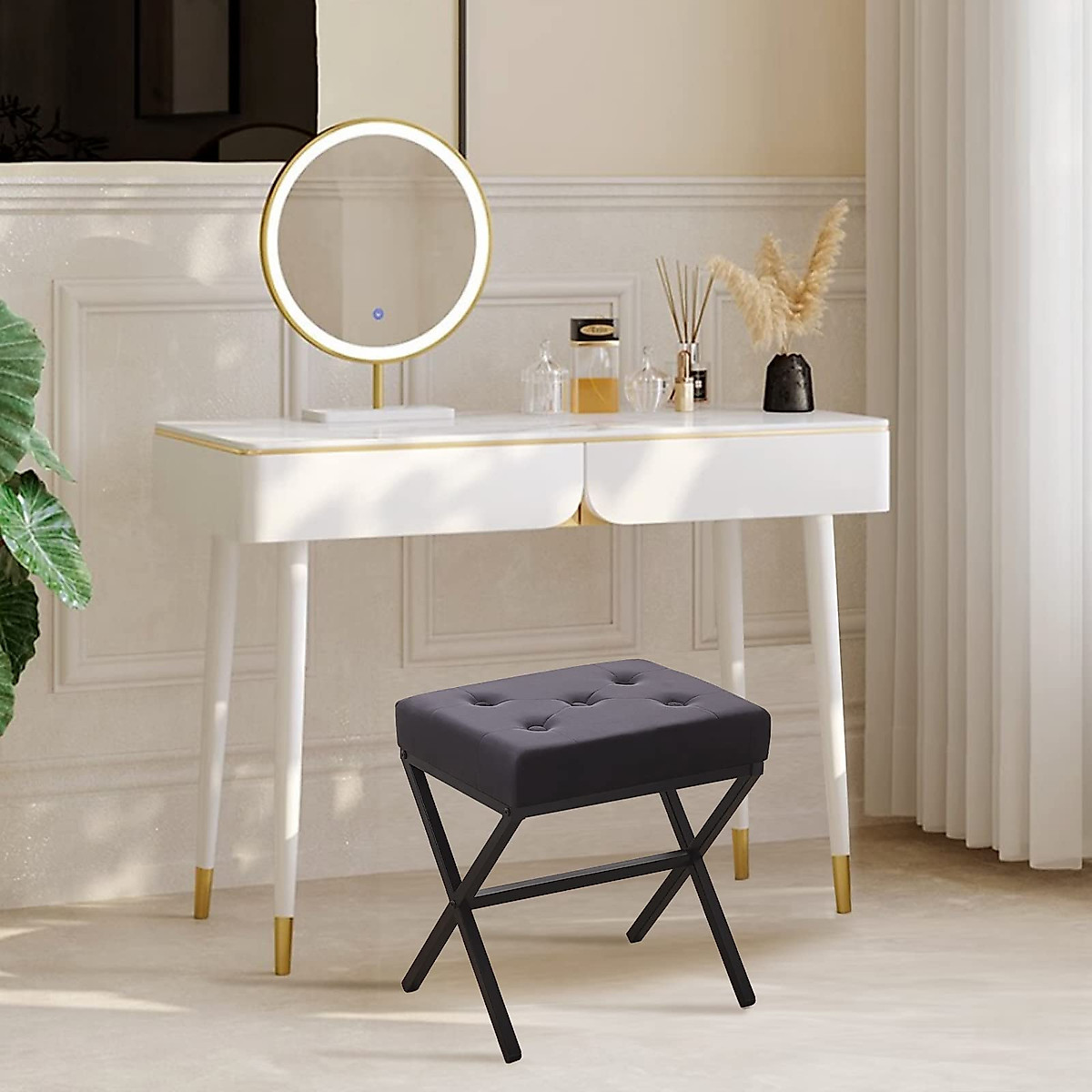 Cpintltr Velvet Ottoman Footrest Stool Tufted Vanity Stool Ottomans Thickened Cushion Footstool Mulifunctional Shoe Changing Seat Step Stools with Metal X Leg for Living Room Bedroom Black