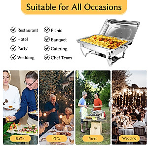 Snowtaros 4 Pack 8QT Chafing Dish Buffet Set, Stainless Steel Food Warmer Set, Rectangular Buffet Server with Tongs & Spoons for Parties, Catering, Banquets, Events (2 Full Size + 2 Half Size)
