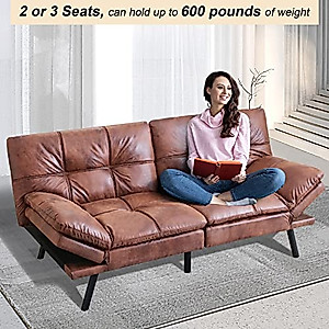 Opoiar Futon Sofa Bed Couch Sleeper Sofa Convertible Small Love Seat Memory Foam Brown Faux Leather Sofa for Living Room Apartment Office, Easy to Assemble, Great Addition