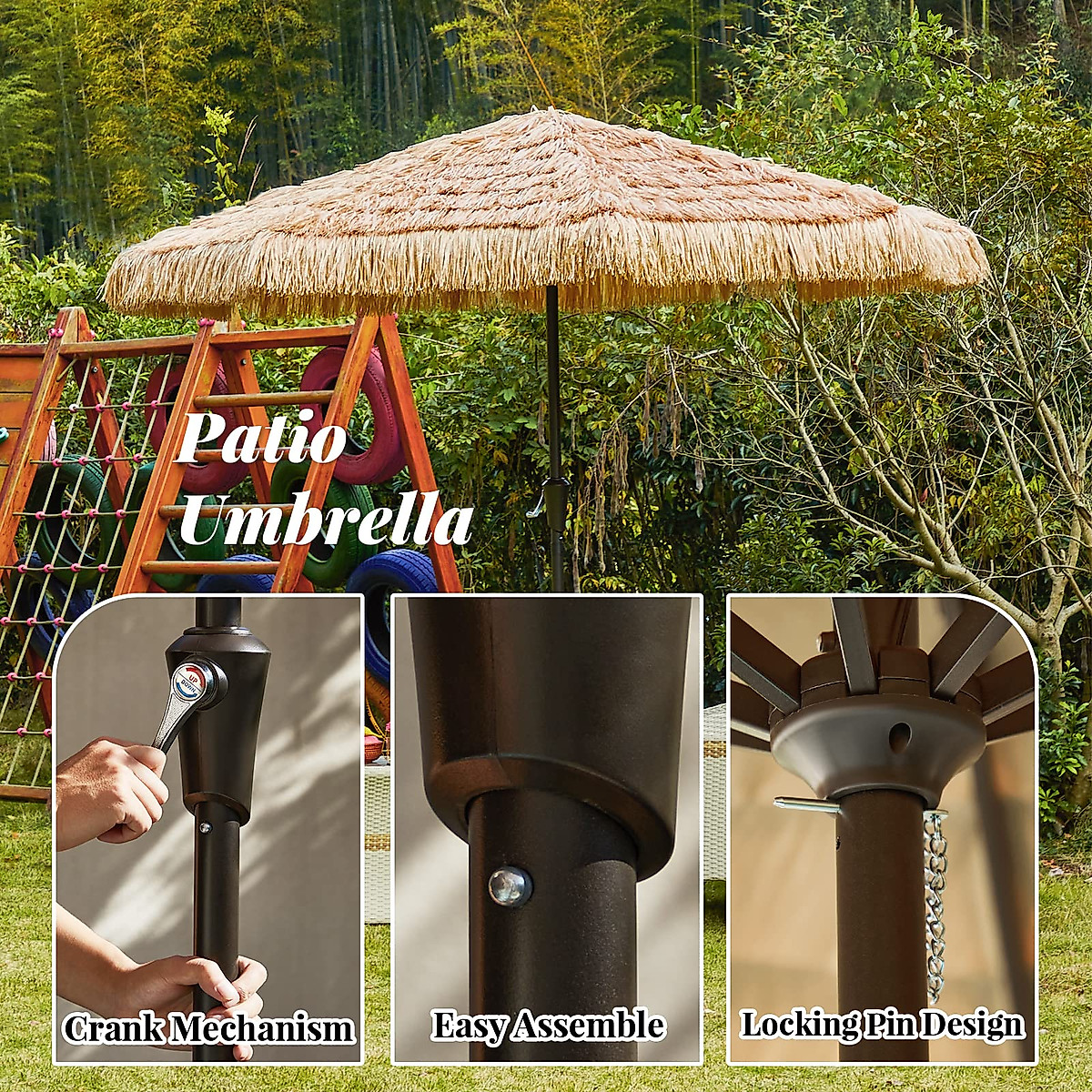 KITADIN 10FT Patio Umbrella Thatched Tiki Outdoor Umbrella with Plug Tropical Hawaiian Style Grass Beach Umbrella with Crank Lift Natural (No Base)