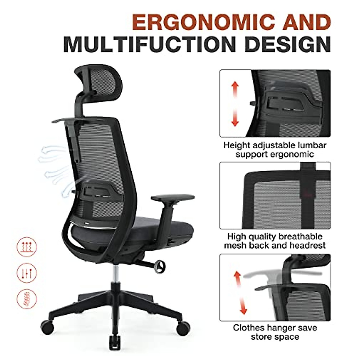 Home Office Desk Chair Ergonomic High Back Office Chair Mesh Office Chair Reclining Computer Chair Swivel Rolling Task Chair with Wheets, Coat Hanger and Adjustable Headrest Armrest, Grey