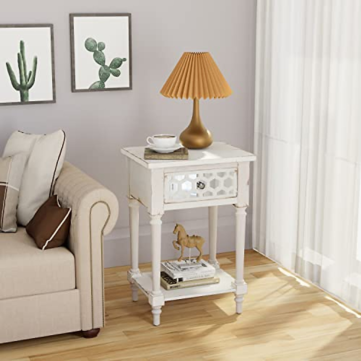 COSIEST End Table Sets of 2, Small Vintage Nightstand, Farmhouse Accent Table, Wood Grain Bedside Table with Mirrored Drawer and Open Display Shelf for Bedroom, Living Room, White