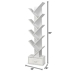 Giantex Tree Bookshelf with Drawer, 10 Shelf Space Saving White Wooden Bookcase, Freestanding Retro Wood Storage Rack, Decorative Bookshelf with Storage