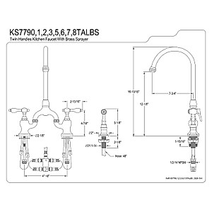 Kingston Brass KS7793TALBS Tudor Bridge Kitchen Faucet, Antique Brass, 13.88 x 7.75 x 16.81