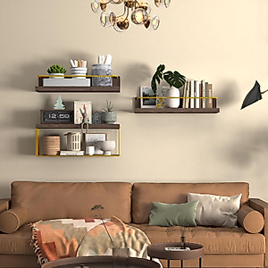 PopiShelves Bathroom Shelves Over Toilet for Wall, Floating Shelves with Storage Basket Paper Holer for Kitchen Living Room, Bedroom & Classroom, Set of 3 (Brown and Gold)