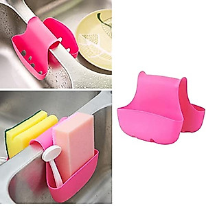 UQUABESO 2 Pack Kitchen Saddle Silicone Sink Caddy with Drain, Hanging Sponge Brush Basket Holder Soap Organizer Storage (Blue, Pink)