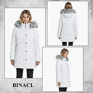 BINACL Long Hooded Down Alternative Overcoat, Sports Thermal Zip Up Thickened Jacket with Fur Trim Puffer 100% Polyester Weathered Motorcycle Softshell Cotton Padding Jacket for Girlfriend(White,M)