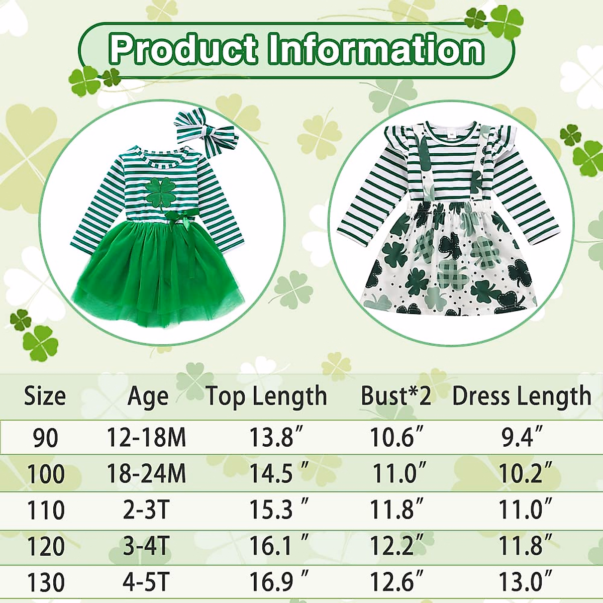 flower frail Toddler Baby Girl St. Patrick’s Day Outfit Stripe Tops Shamrock Green Mesh Dress Skirt Set with Headband 12-18M