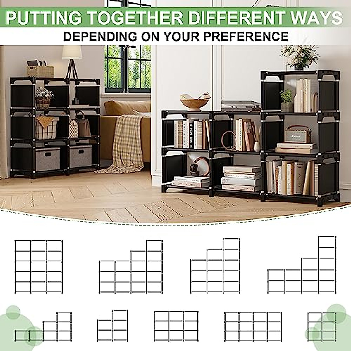 REIBII Bookshelf for Bedroom Book Shelf Organizer Bookcase Tall Book Case 15 Cube Storage Organizer Cube Shelf Black Cubby Storage Organizer Shelves for Bedroom Living Room Closet Office DIY
