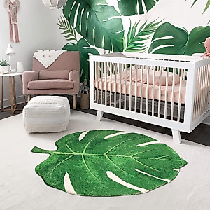 LIVEBOX Nursery Rug 35.5"x44" Washable Kids Rug for Bedroom, Green Leaf Shaped Area Rug Soft Cute Children Play Carpet Non-Slip Baby Playroom Rug for Toddler Tent