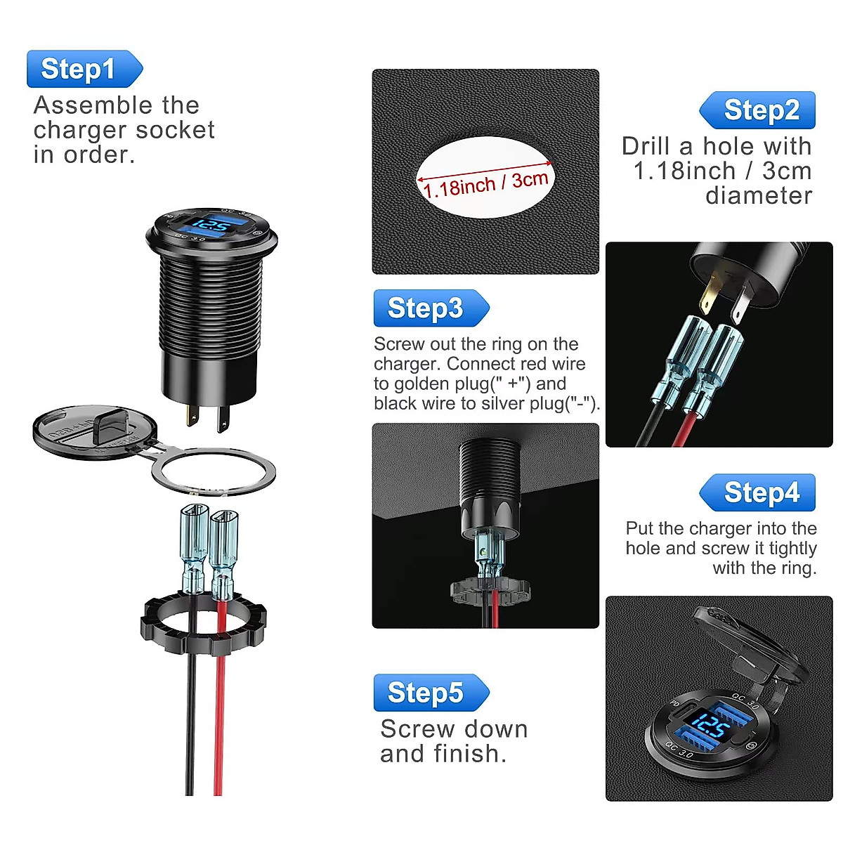 12V USB Outlet Wire Aluminum Car Charger Multi Port, Dual USB Quick Charge 3.0 Port and PD USB C Socket with Voltmeter Switch for Car Boat Marine Truck RV, Fast Charge for iPhone iPad Android Phones