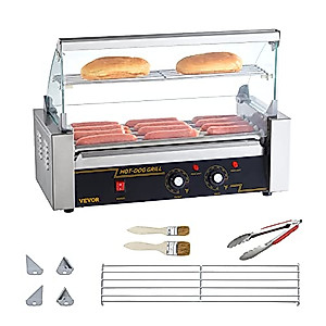 VEVOR Hot Dog Roller 5 Rollers 12 Hot Dogs Capacity, 750W Stainless Sausage Grill Cooker Machine with Dual Temp Control Glass Hood Acrylic Cover Bun Warmer Shelf Removable Oil Drip Tray ETL Certified