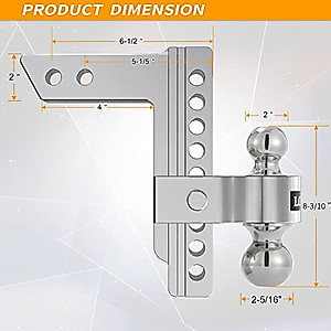 LOCAME Adjustable Trailer Hitch, Fits 2-Inch Receiver, 8-Inch Drop/Rise Aluminum Drop Hitch, 12,500 LBS GTW-Tow Hitch for Heavy Duty Truck with Double Stainless Steel Locks, Silver, LC0004