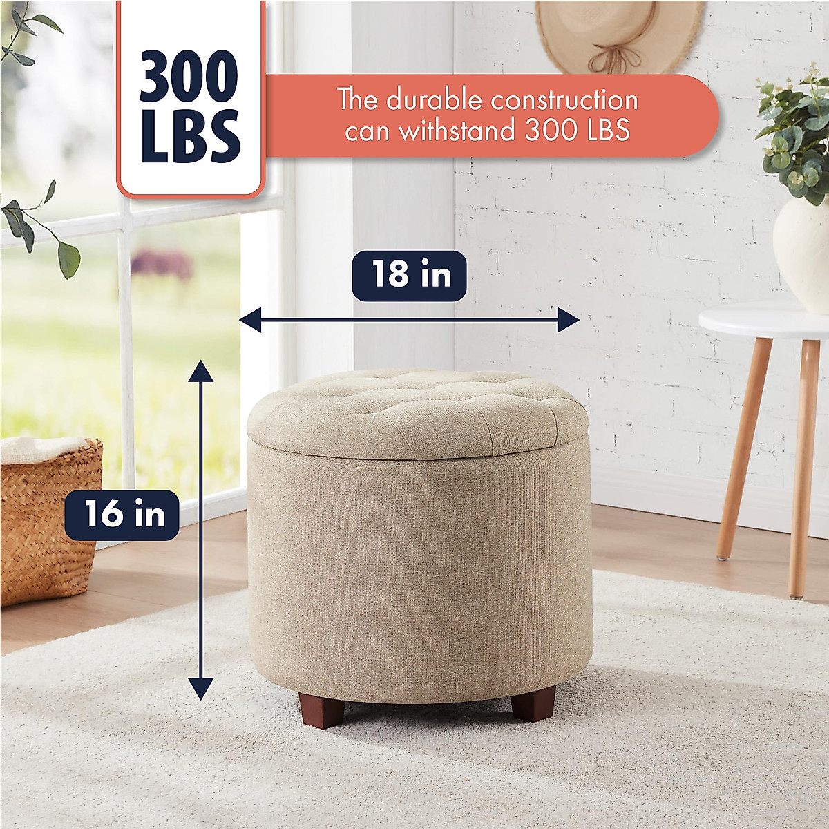 Ornavo Home Decor Round Ottoman with Storage, Round Vanity Chair Stool Ottoman Pouf with Storage for Living Room and Bedroom, Linen Beige