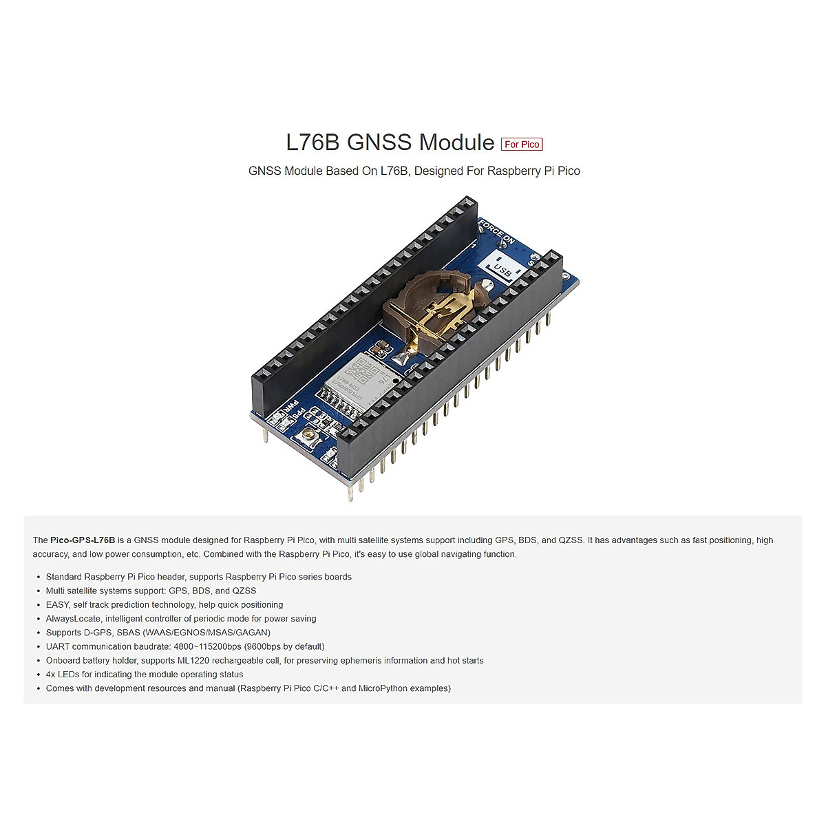 Waveshare L76B GNSS Module for Raspberry Pi Pico GPS/BDS/QZSS Support