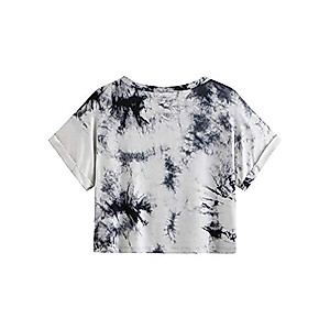 SweatyRocks Women's Round Neck Short Sleeve Casual Tie Dye Crop Top T-Shirt Grey XS