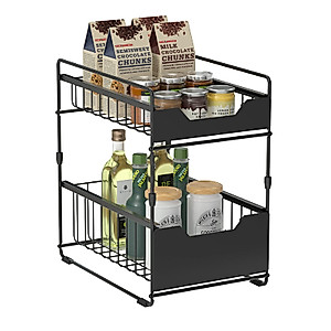 Isharp Spice Rack Kitchen Organizer Cabinet Storage,2-Tier Pull Out Bathroom Storage Under Sink Cabinet Organizers with Sliding Storage Drawer (black)