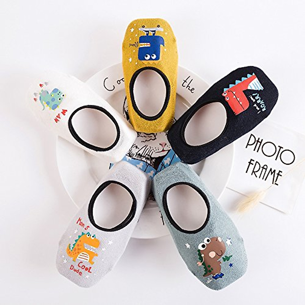 JUNOAI Toddler Non Skid No Show Socks - Low Cut Anti Slip Grip Slippers for Baby Kids Boys Girls 10 Pairs (3-4T, Dinosaur)