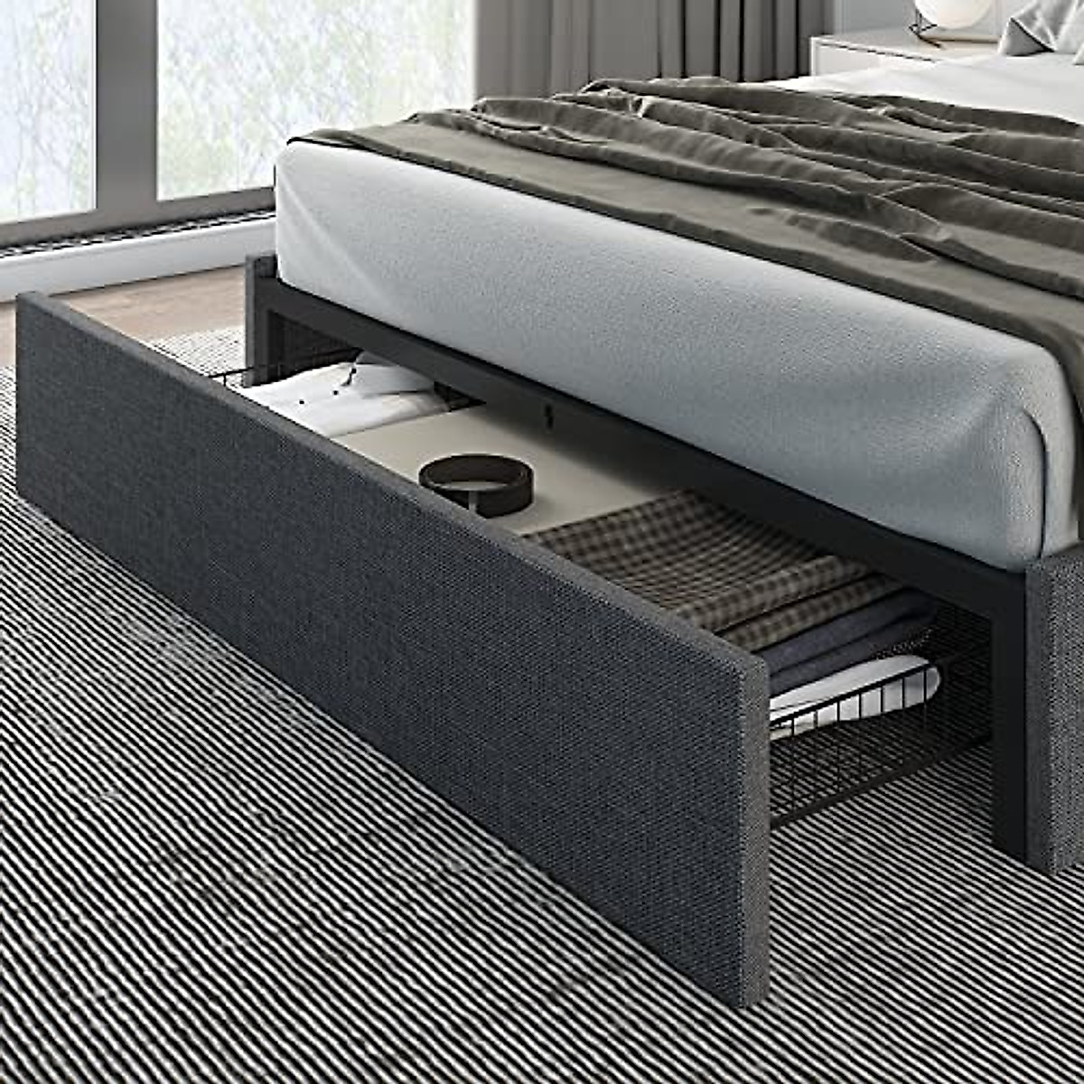 HOOMIC Upholstered Queen Platform Bed Frame with 3 Storage Drawers, No Fixed Headboard Design, Mattress Foundation with Wooden Slats, No Box Spring Needed, Noise Free, Dark Grey