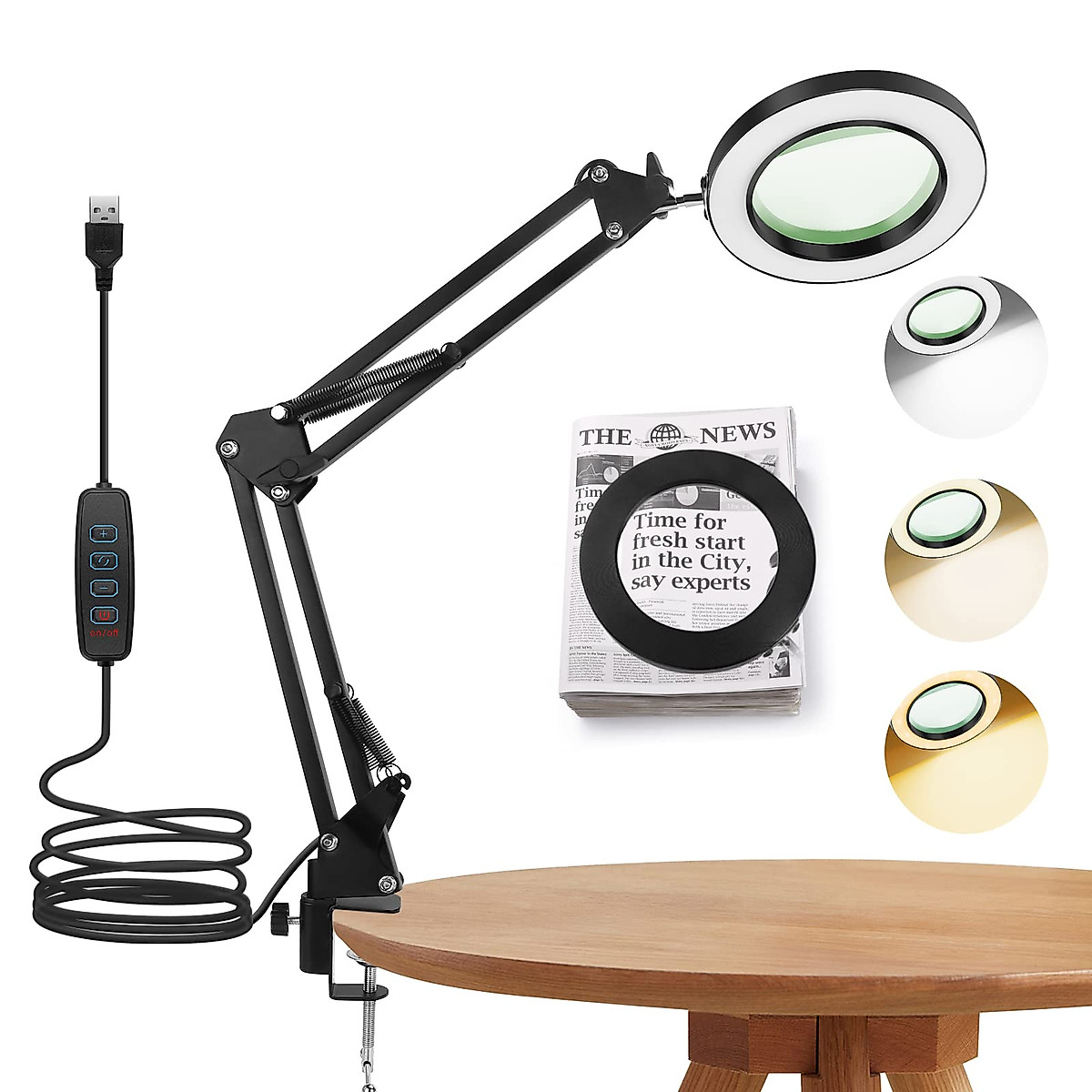 64 LED USB 10X Magnifying Desk Lamp with Clamp, Desk Hands-Free Lighted Magnifier with 3 Color Modes, 10 Level Dimmable and Flexible Gooseneck for Reading Craft Sewing Repair Close Work Beauty