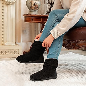 LongBay Women's Chenille Knit Bootie Slippers Cute Plush Fleece Memory Foam House Shoes (Medium / 7-8 B(M), Black)