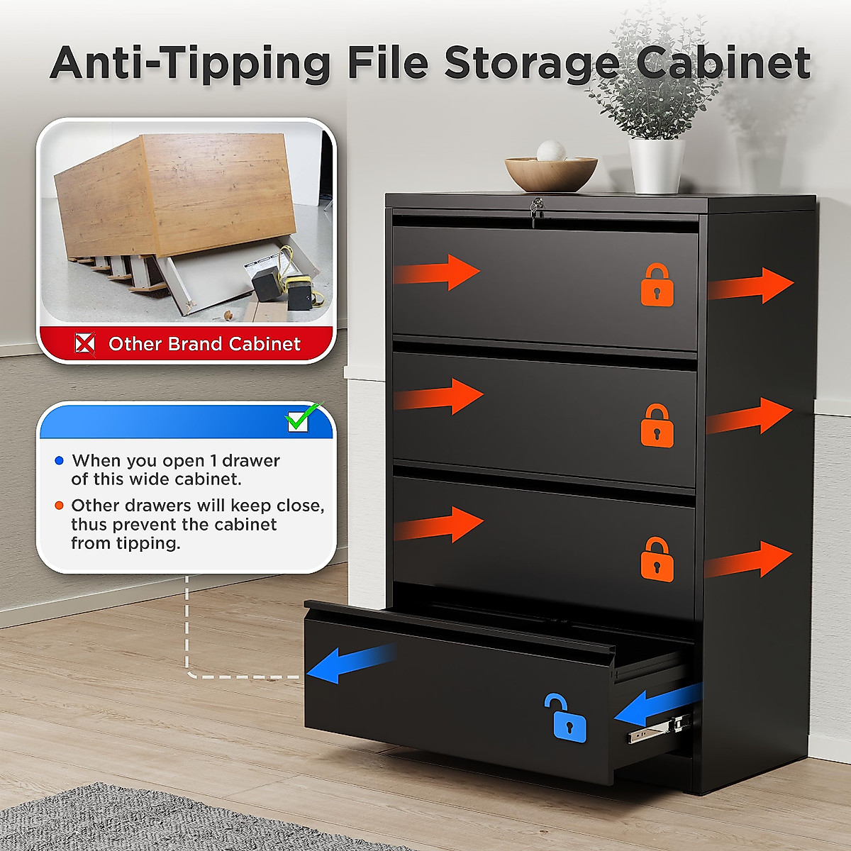 Greenvelly 4 Drawer Lateral File Cabinet with Lock, Locking Filing Cabinet, Metal Steel File Drawers Cabinet for Home Office, Horizontal File Cabinets for Legal/Letter/A4/F4 Size with Hanging Bars&Key