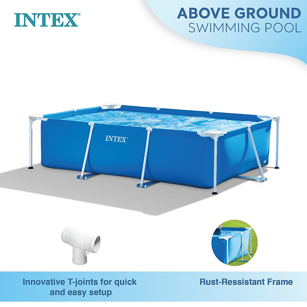 Intex 8.5ft x 26in Rectangular Frame above Ground Quick Easy Set Up Backyard Outdoor Swimming Pool with Drain Plug for Ages 6 and Up, Blue