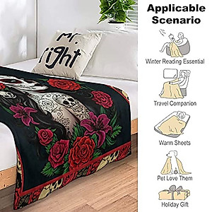 Day of The Dead Sugar Skull Blanket Rose Flowers Throw Fleece Blankets Rug Soft for Gift Bed Sofa 60"X50" Lightweight Flannel Blanket Bedding