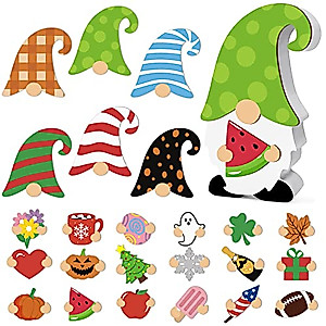 Huray Rayho Interchangeable Wooden Gnome Decor Holiday Seasonal Tiered Tray Decorative with 25 PCS Magnet Swappable Pieces Detachable Hat Office Home Sign Fall Thanksgiving Christmas Housewarming Gift