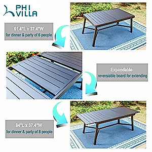 PHI VILLA 9 Pieces Patio Dining Set for 8, Rattan Wicker Chairs and E-Coating Expandable Rectangular Metal Table, Outdoor Dining Table and Chairs Furniture for Backyard Deck Garden Porch