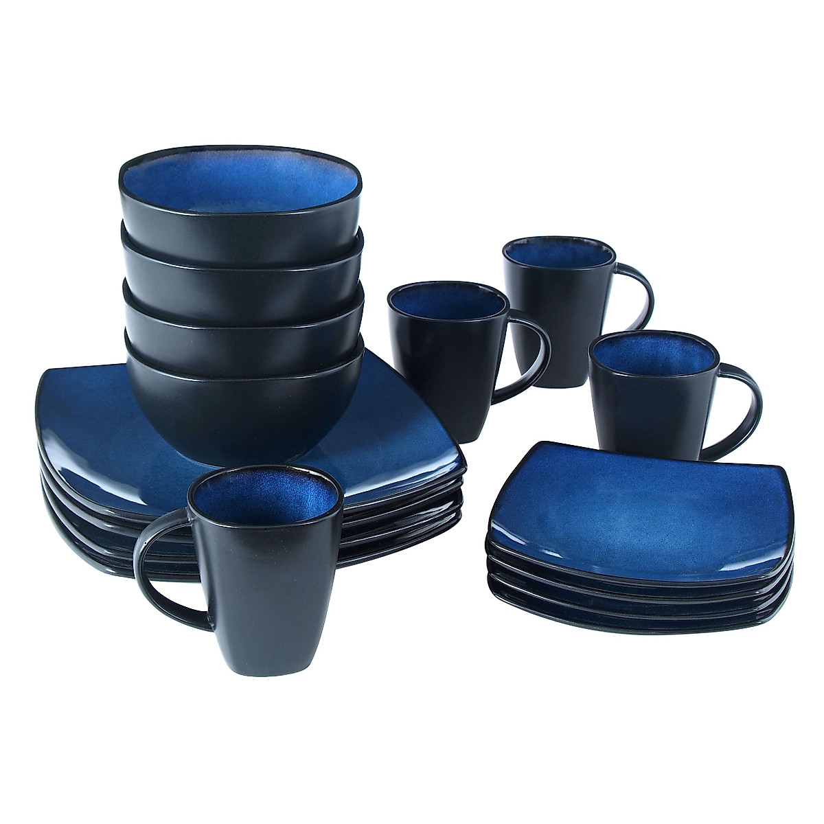 Gibson Elite Soho Lounge Reactive Glaze Stoneware Dinnerware Set, Service for 4 (16pc), Blue