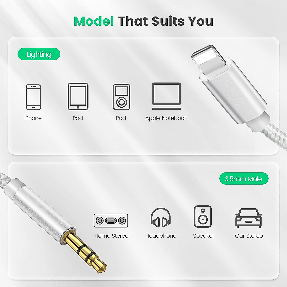 [Apple MFi Certified] Aux Cord for iPhone, Lightning to 3.5mm Aux Stereo Audio Cable Adapter Compatible with iPhone 13/12/11/XS/XR/X/8/7/All iOS for Car Home Stereo, Speaker, Headphone-3.3ft (Sliver)