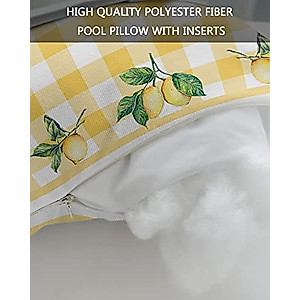 Recliner Head Pillow Ledge Loungers Chair Pillows with Insert Summer Lemon Leaves Yellow Plaid Lumbar Pillow with Adjustable Strap Outdoor Waterproof Patio Pillows for Beach Pool Chair, 2 PCS