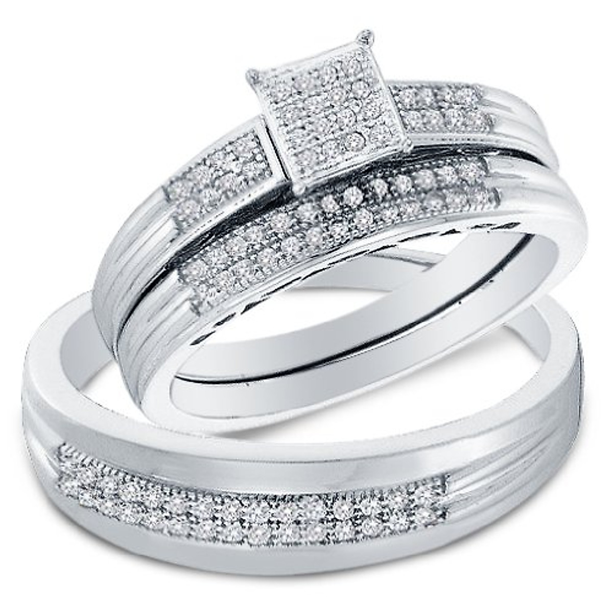 Sizes - L = 4, M = 9.5 - 10k White Gold Diamond Micro Pave Mens And Ladies Couple His & Hers Trio 3 Three Ring Bridal Matching Engagement Wedding Ring Band Set (1/4 cttw.) - Please use drop down menu to select your desired ring sizes