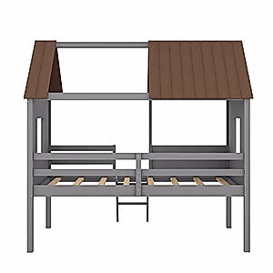BOVZA Twin Size Low Loft Bed, Wood Kids House Bed with Two Side Windows and Roof for Kids Girls Boys, Gray+Brown