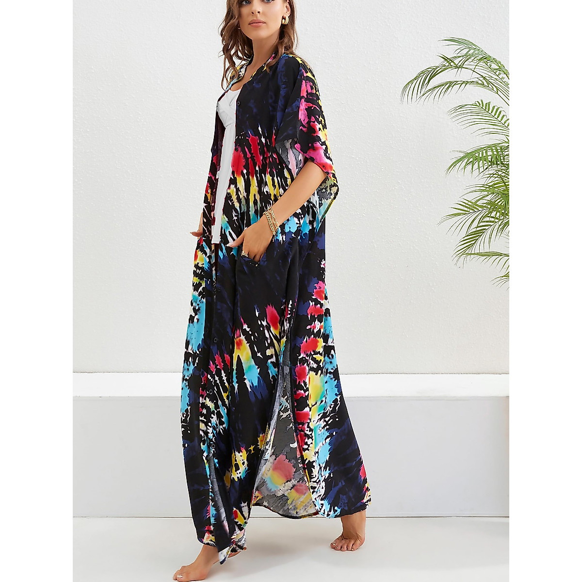 SMUDGE Life Kaftan Dresses for Women Loose Fit Button Up Caftans with Pockets for Stylish Cover Up