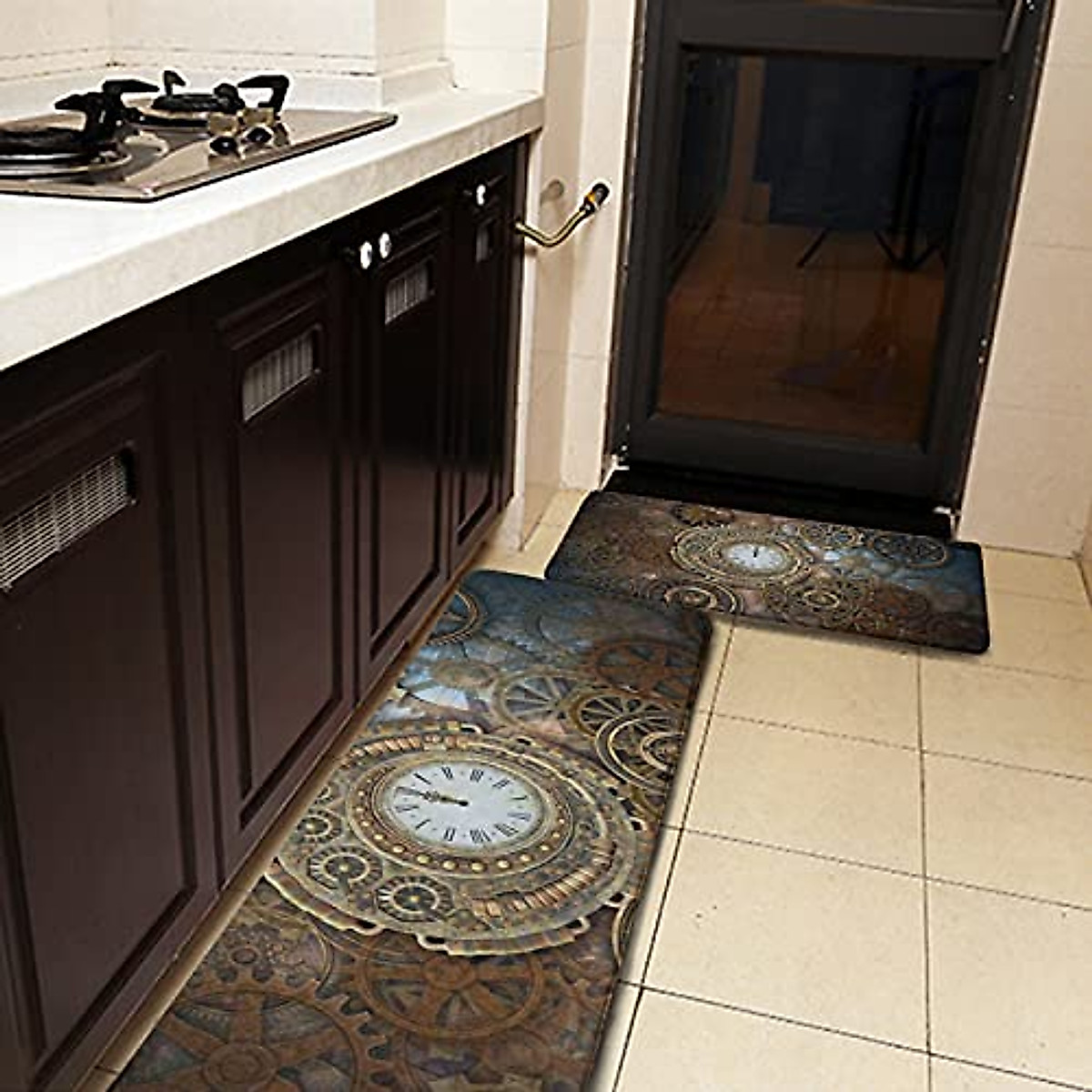 2 Pcs Kitchen Rug Set,Kitchen Mats,Rusty Steampunk Background with Clock & Different Kinds,Soft Washable Non-Slip Super Absorbent Floor Mat for Kitchen Bathroom Laundry, White
