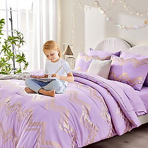 Wowelife 6 Piece Purple Twin/Twin XL Comforter Set for Girls Twin Bedding Sets Lavender Bedding Bed in A Bag Twin Bed Sets with Comforter, Flat Sheet, Fitted Sheet, 1 Pillowcase and 2 Pillow Shams