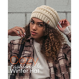 FURTALK Winter Beanie for Women Satin Lined Warm Knit Skull Slouch Beanie Hat (Beige-Satin Lining, One Size)