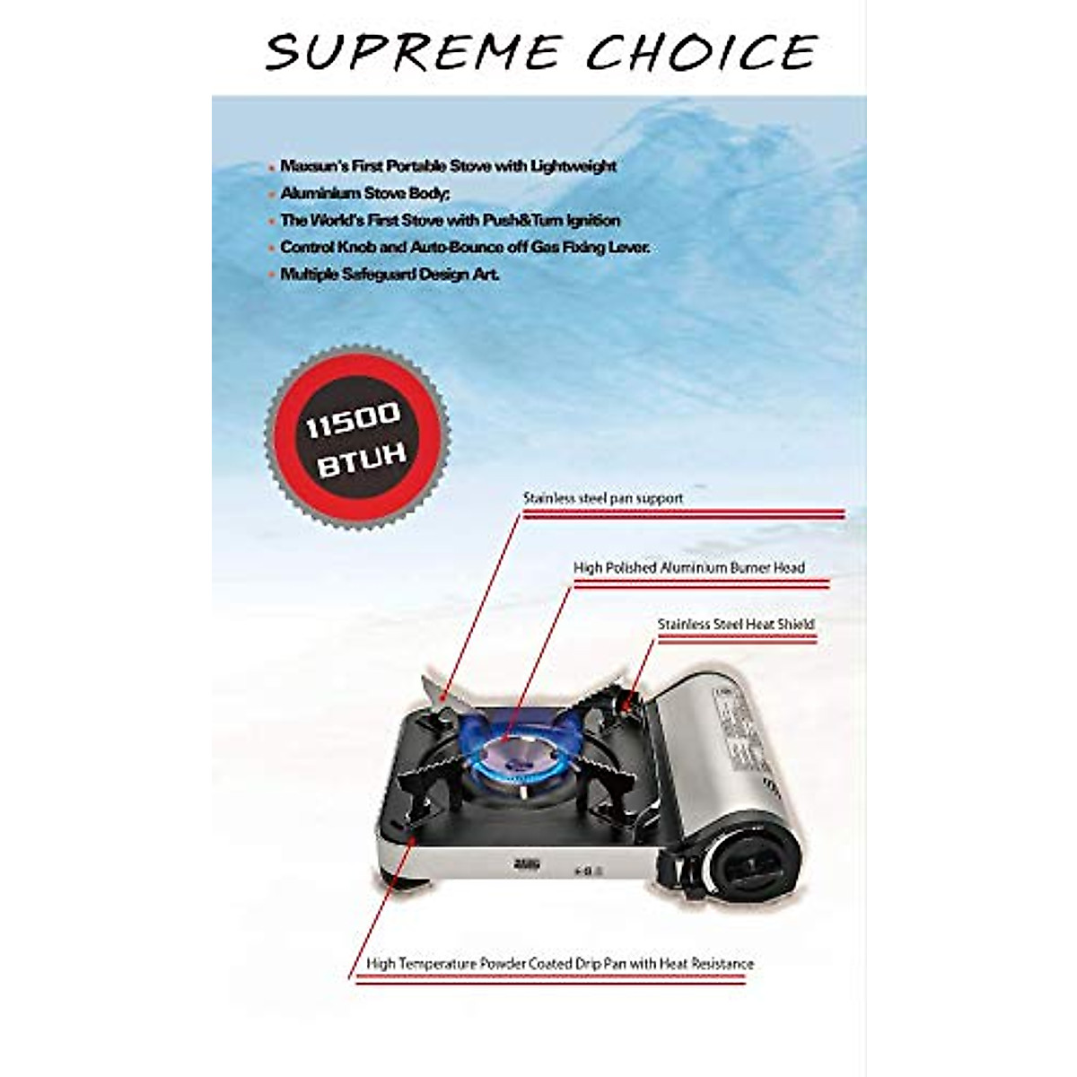 Maxsun Portable Gas Stove MS-7 (Silver) 11,500 BTU, Extreme High Power, Camp Stove, w/Carrying Case