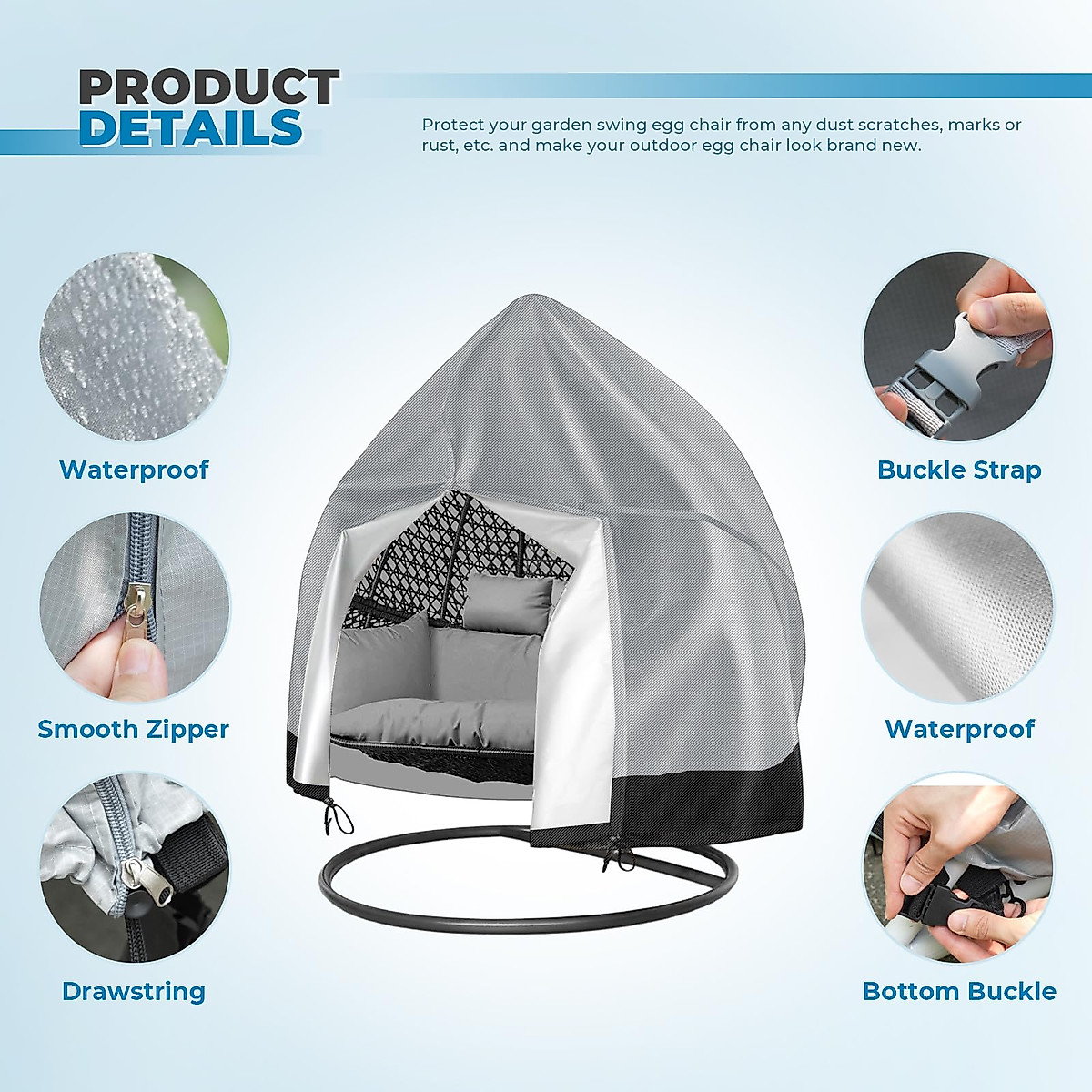 Patio Hanging Double Egg Chair Cover, 91x80 Inches Extra Large Waterproof Double Egg Chair Cover for Outdoor Furniture, Heavy Duty Swing Hanging Egg Chair Cover for Outdoor Porch Wicker Egg Chair