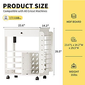 Pipleo Rolling Craft Cart for Cricut Machines, Craft Organizer and Storage Table with Vinyl Roll Holder, Built-in Outlet and Drawer, Crafting Cabinet Workstation Tools Holder for Craft Room