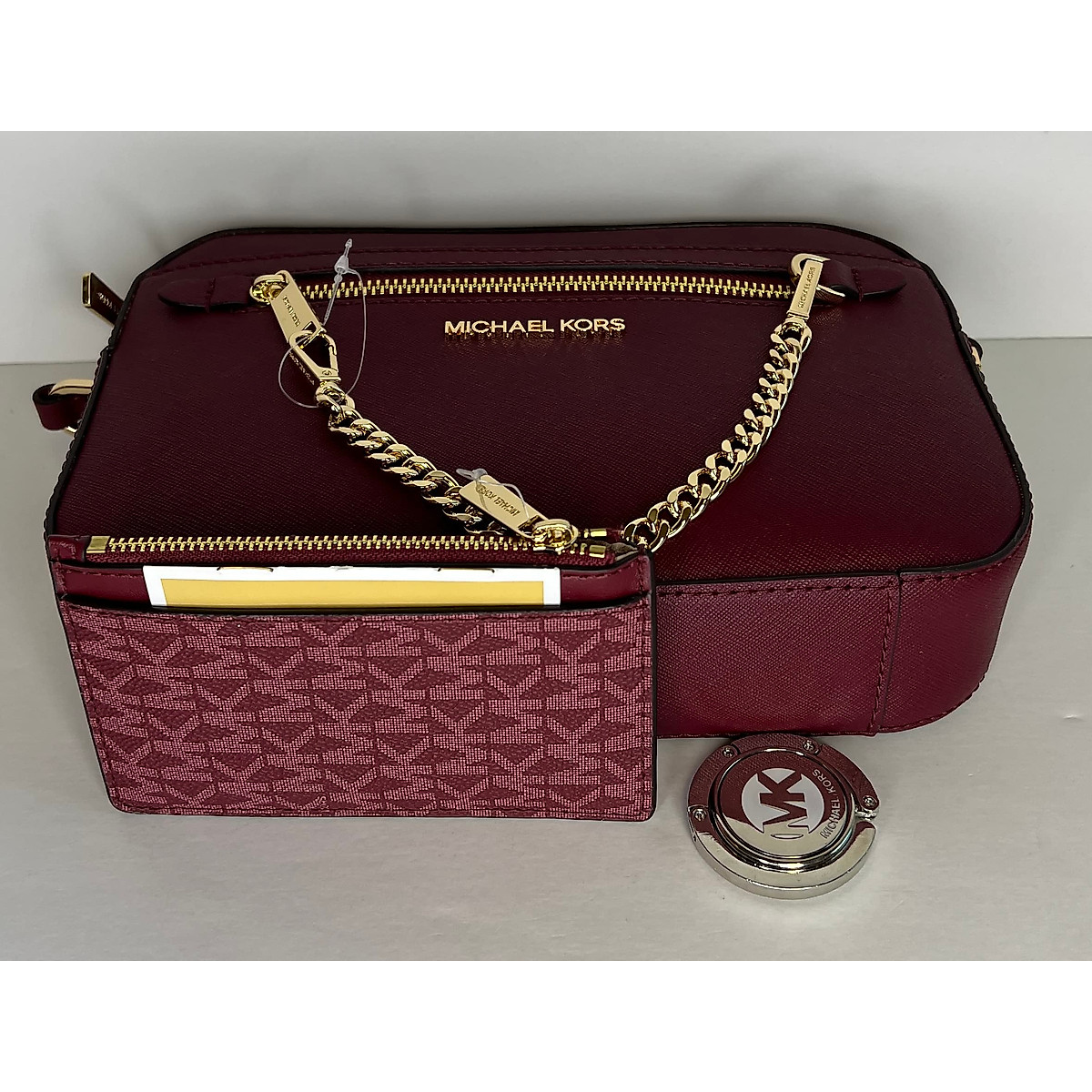 Michael Kors Jet Set Large Chain Crossbody Bag bundled with with SM TZ Coinpouch Wallet Purse Hook (Mulberry/Signature MK Mulberry