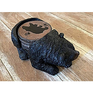 Sleepy Black Bear Coaster Set - Rustic 4 Coasters and Holder