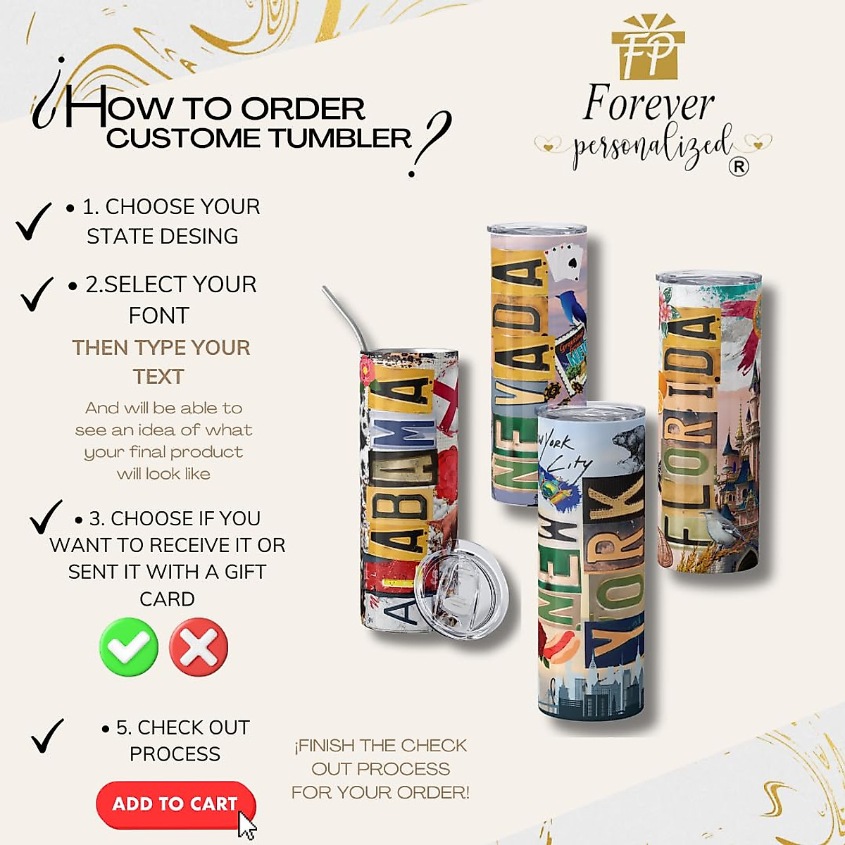 Custom Tumbler with Lid and Straw| All 50 States Tumblers with Name| Stainless Insulated Tumblers| Personalized Gift| Double Wall Coffe Cup for Hot, Cold Drinks (Alabama)